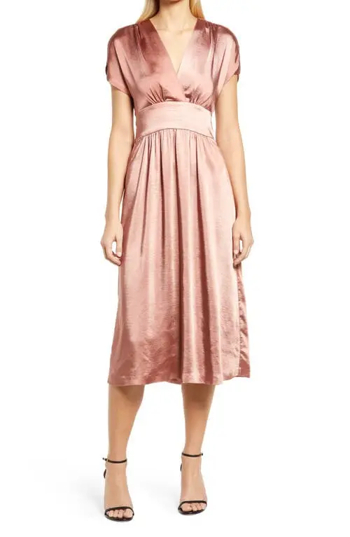 Anne Klein Wrap Front Washed Satin Midi Dress - Anise | Editorialist