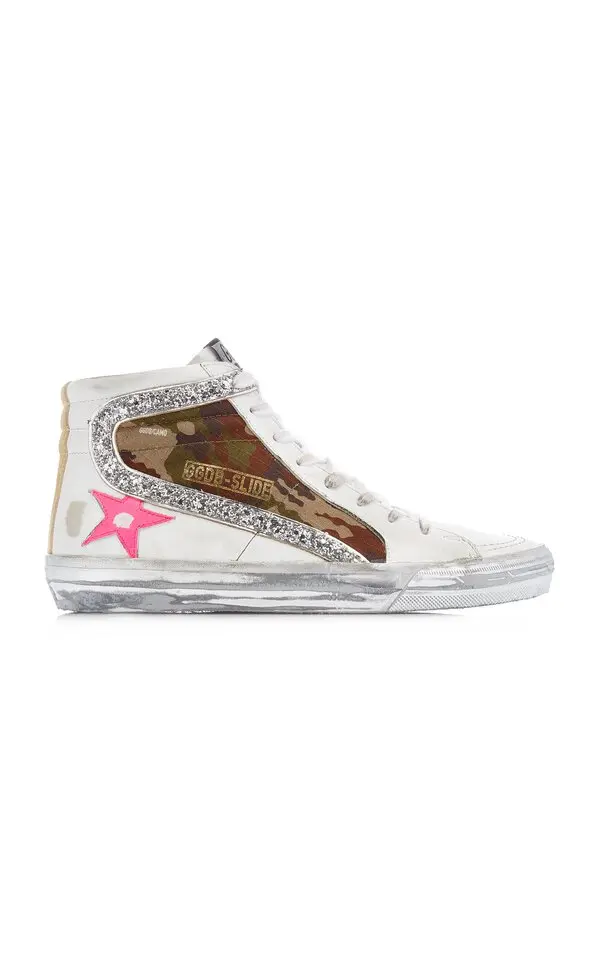 GOLDEN GOOSE Slide Camo Suede And Leather Sneakers - White