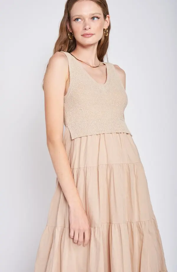 EN SAISON Mixed Media Tiered Midi Dress