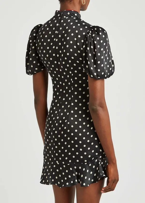 De La Vali Bluebell Polka-Dot Satin Mini Dress - Black | Editorialist