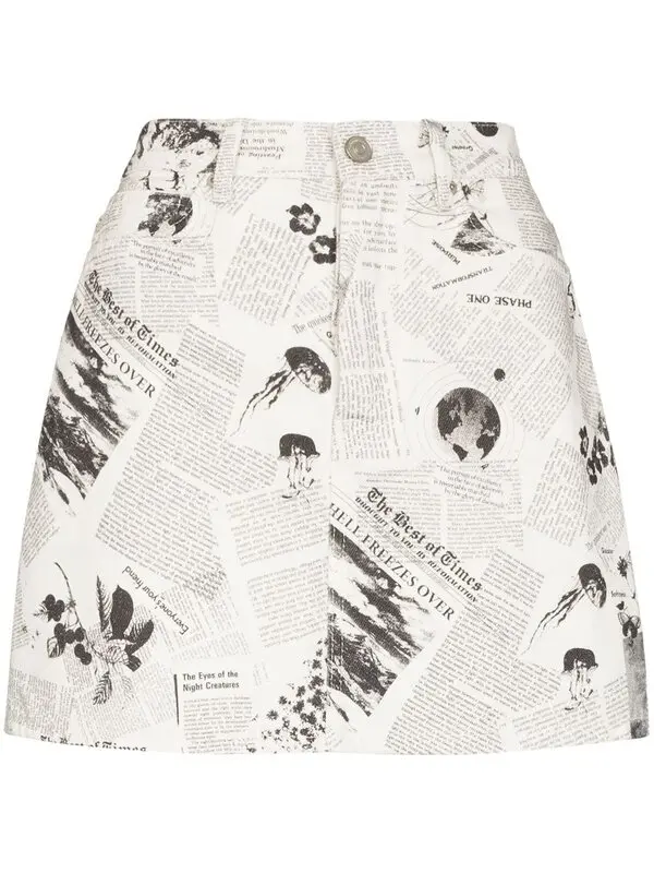 Reformation Jackie Newspaper Print Mini Skirt - White | Editorialist