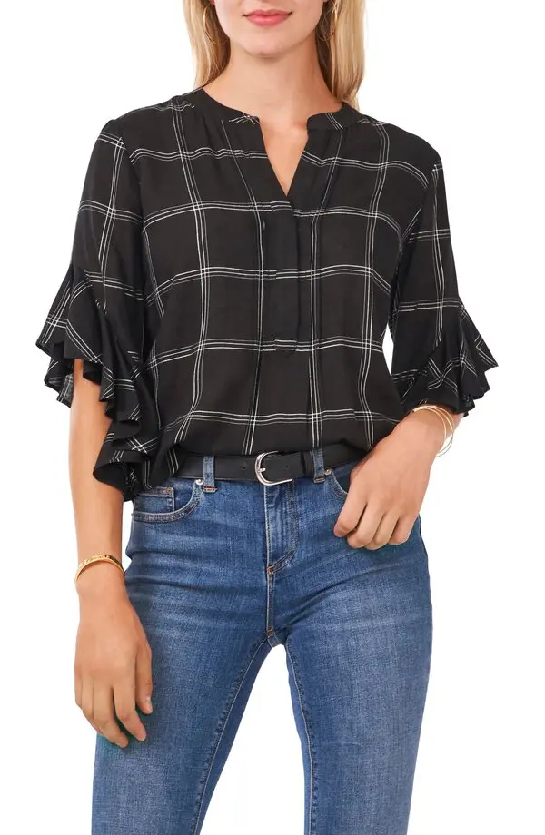 Vince Camuto Windowpane Ruffle Sleeve Popover Top