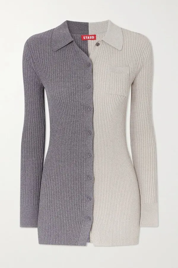 Staud Milton Two-tone Ribbed-knit Cardigan