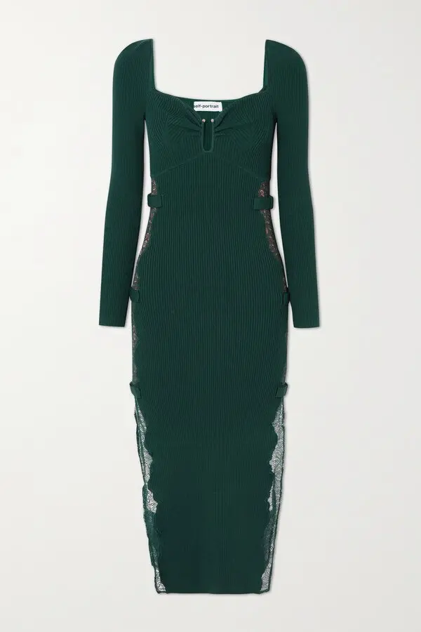 Self-Portrait Lace-Paneled Ribbed-Knit Midi Dress In Green - 50% Off |  Editorialist