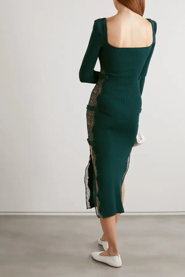 Self-Portrait Lace-Paneled Ribbed-Knit Midi Dress In Green - 50% Off |  Editorialist