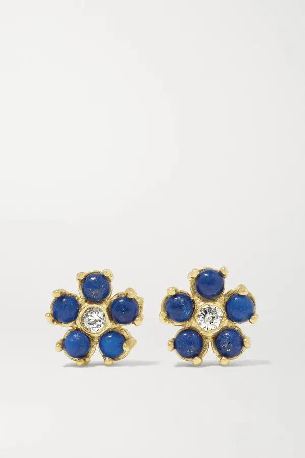 JENNIFER MEYER 18-karat Lapis Lazuli And Diamond Flower Stud Earrings - Gold