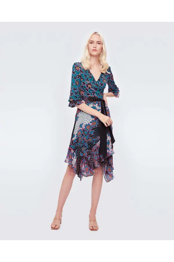 sachin and babi light blue dress Multicolored V-Neck Three-Quarter Sleeve Geometric Patterned Wrap Midi