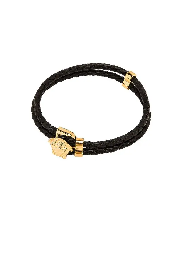 Versace Braided Leather Bracelet - Black & Gold