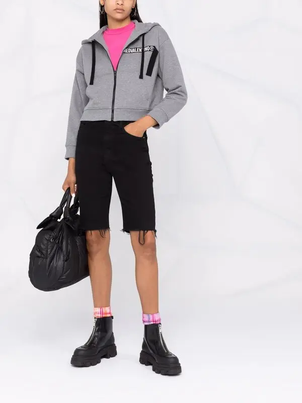 Red Valentino Logo-Panel Cropped Zip-Front Hoodie In Grey - 53