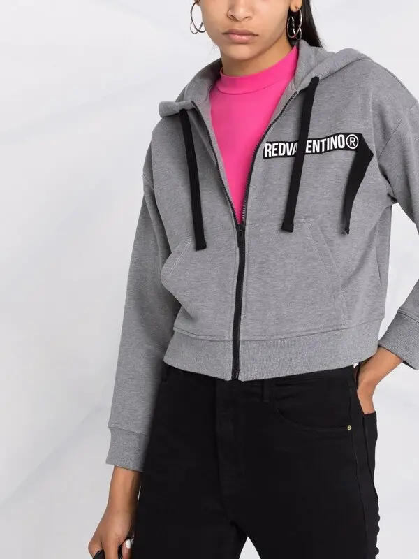 Red Valentino Logo-Panel Cropped Zip-Front Hoodie In Grey - 53