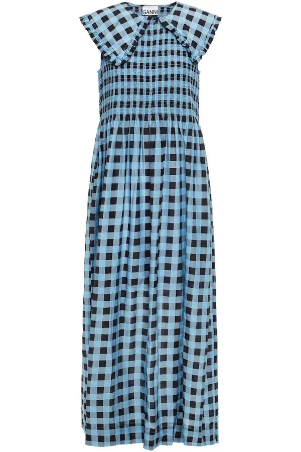Ganni Shirred Leopard-Print Cotton And Silk-Blend Midi Dress In Light Blue  - 50% Off | Editorialist
