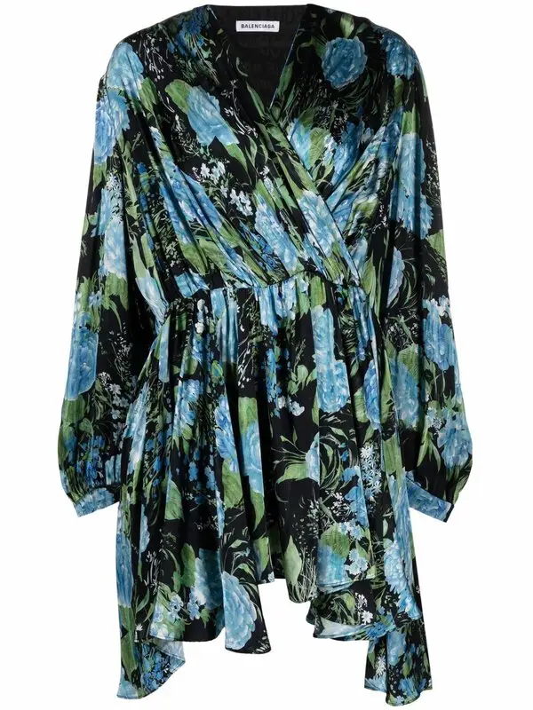 Balenciaga Floral Print Wrap Dress - Black