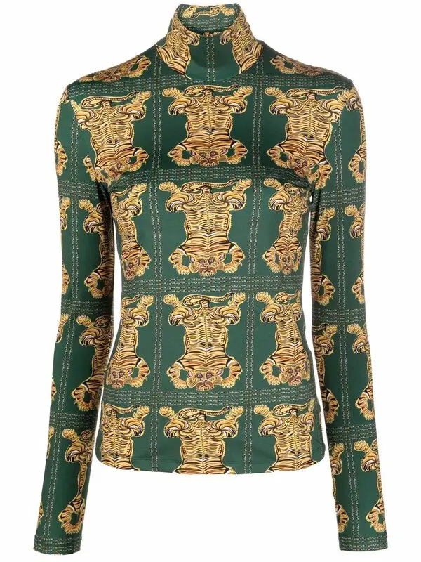 La DoubleJ Tiger Tile-print Turtleneck Top