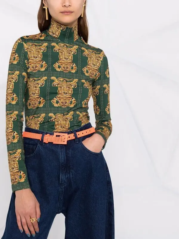 La DoubleJ Tiger Tile-print Turtleneck Top