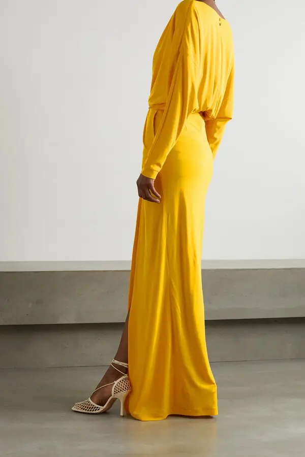 slim fit dress slacks Ludivine ocher off-shoulder cut-out ruched maxi dress main image 0