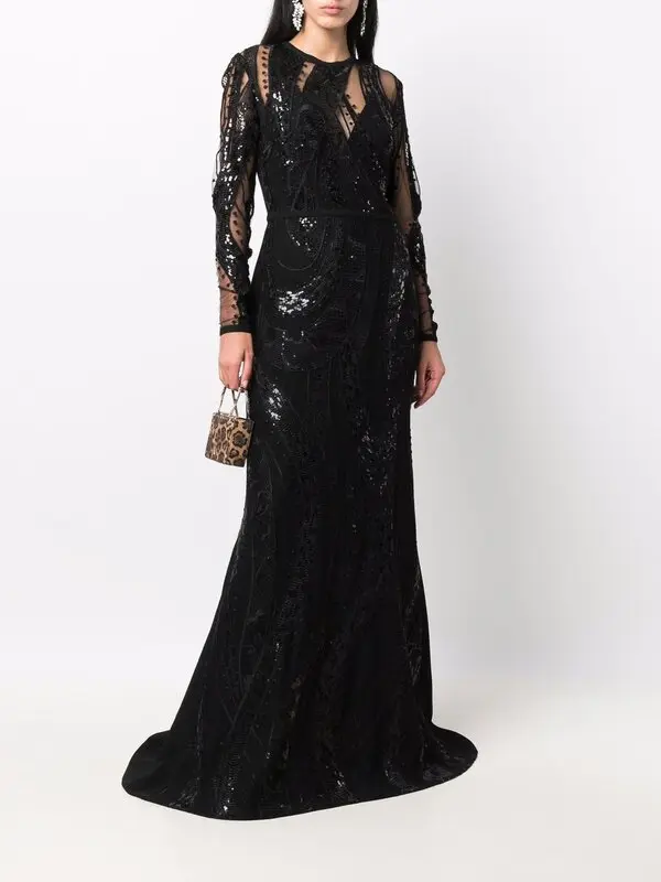 green emerald velvet dress MissJophiel 3/4 Sleeves Illusion V Neck Embroidery Beaded Long Dress Green/Champagne / Floor Length / US8 main image 1