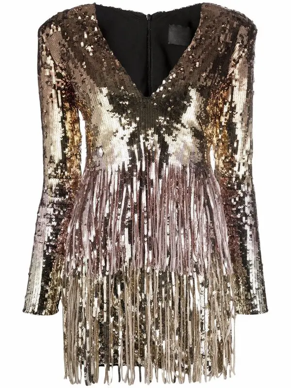 Philipp Plein Degrade Fringe V-neck Dress - Gold