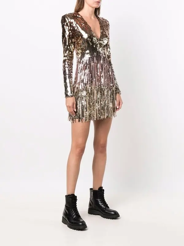 Philipp Plein Degrade Fringe V-neck Dress - Gold