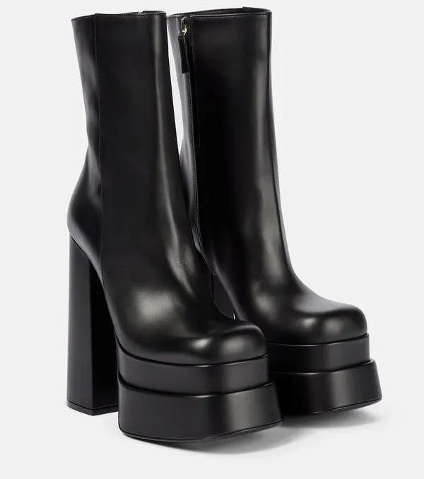 Versace Intrico Leather Platform Ankle Boots - Black