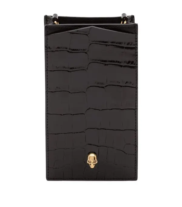 Alexander McQueen Skull-embellished Croc-embossed Leather Phone Case - Black