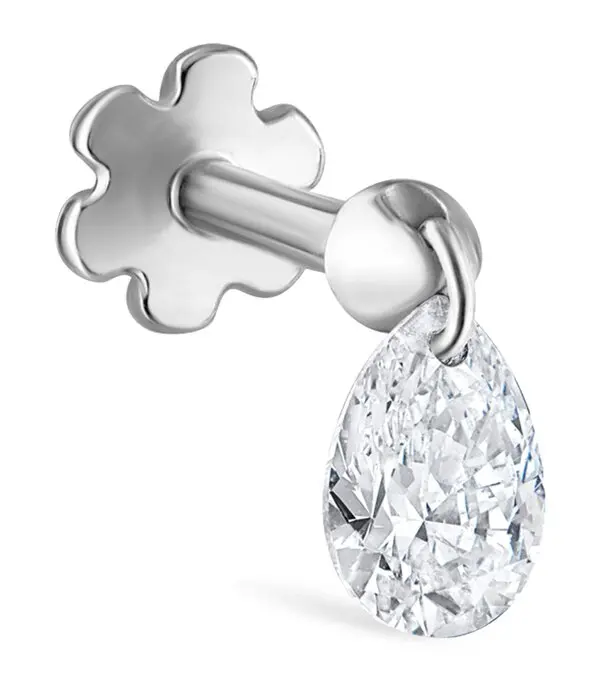 MARIA TASH Gold Floating Pear Diamond Charm Threaded Stud Earring - White