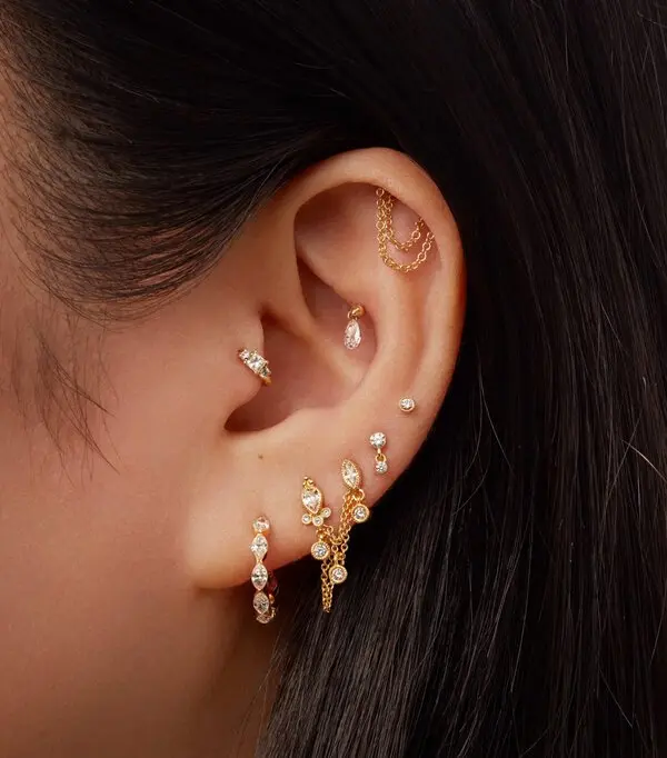 MARIA TASH Gold Floating Pear Diamond Charm Threaded Stud Earring - White