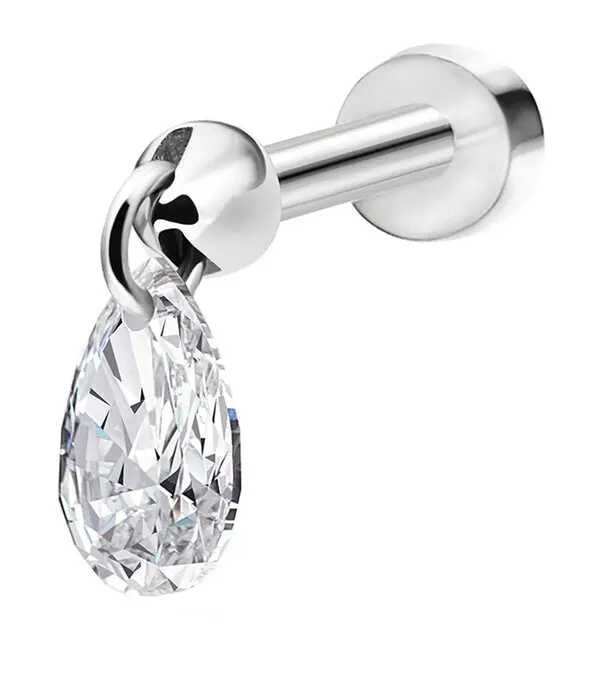 MARIA TASH Gold Floating Pear Diamond Charm Threaded Stud Earring - White