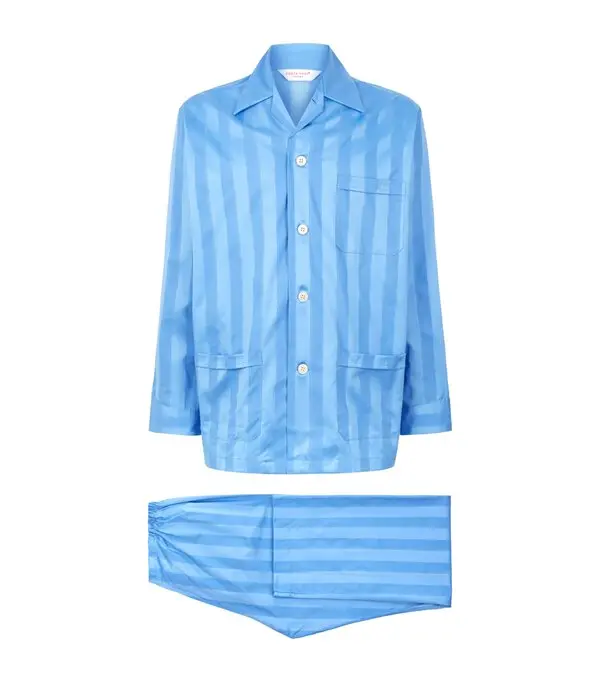Derek Rose Lingfield Cotton Stripe Pyjama Set - Blue