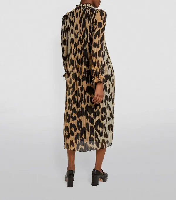 GANNI Pleated Leopard Georgette Dress
