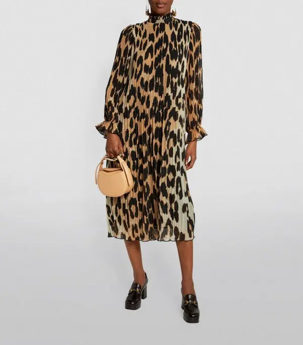 GANNI Pleated Leopard Georgette Dress