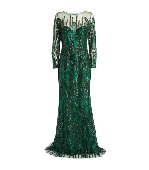 Jovani Sequin-Embellished Long-Sleeve Gown Green Editorialist
