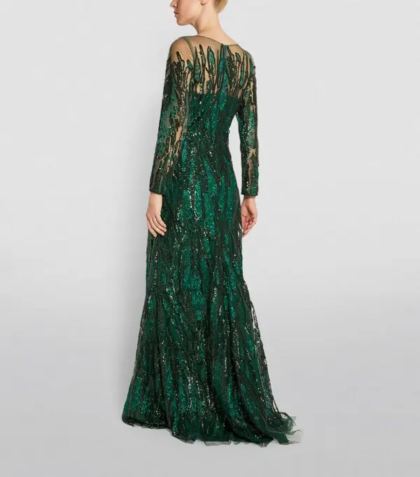 Jovani Sequin-Embellished Long-Sleeve Gown Green Editorialist - Main Image