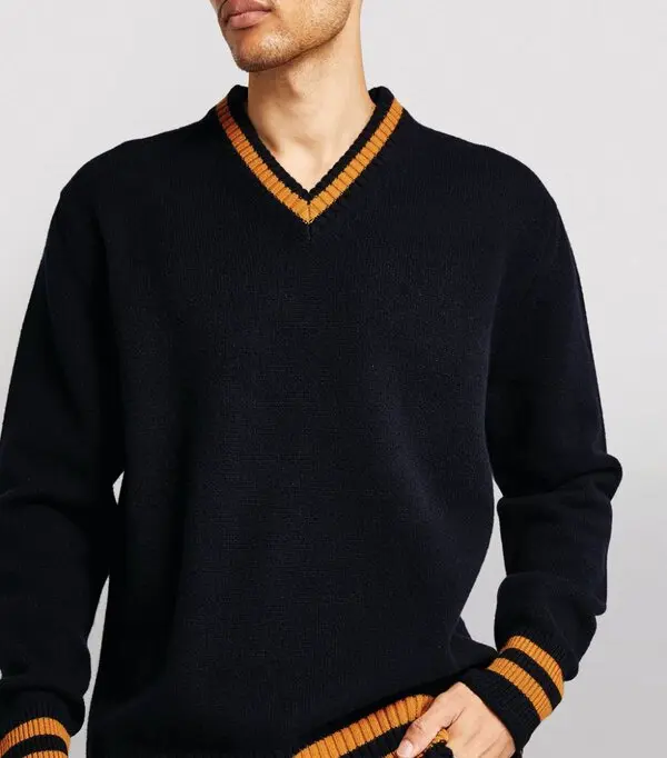 Maison Margiela Varsity Stripe V-Neck Sweater - Navy | Editorialist