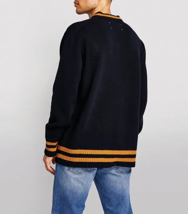 Maison Margiela Varsity Stripe V-Neck Sweater - Navy | Editorialist