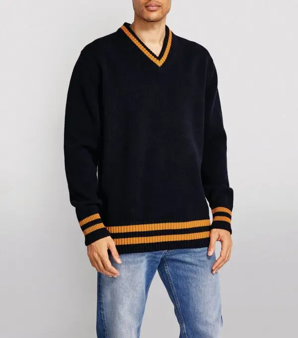Maison Margiela Varsity Stripe V-Neck Sweater - Navy | Editorialist