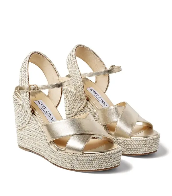 JIMMY CHOO Dellena 100 Leather Wedge Sandals - Gold