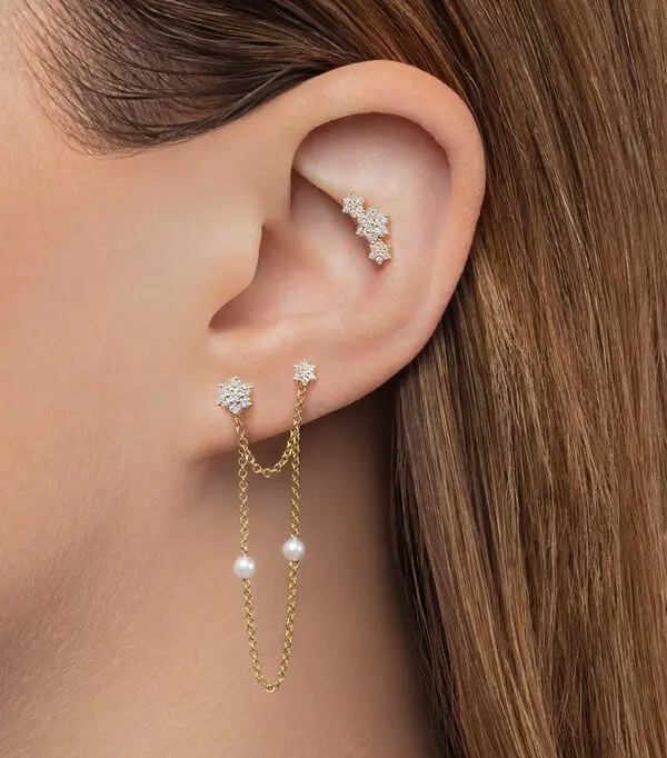 MARIA TASH Three Flower Garland Diamond Threaded Stud Earring - Gold
