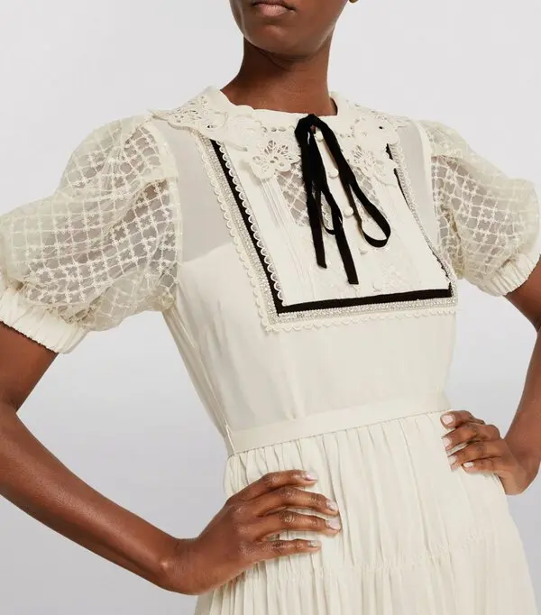 sachin and babi light blue dress Self-Portrait Chiffon Lace-Collar Midi Dress In Beige - 30% Off