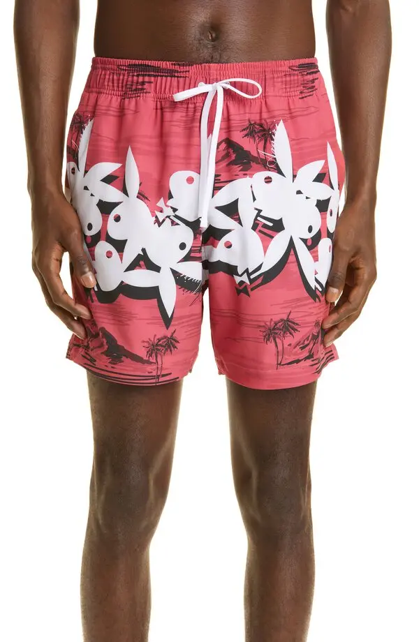Amiri Playboy Aloha Swim Trunks In Red - 40% Off | Editorialist