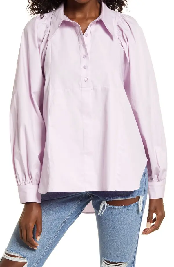 Topshop Oversize Panel Puff Sleeve Poplin Shirt - Lilac