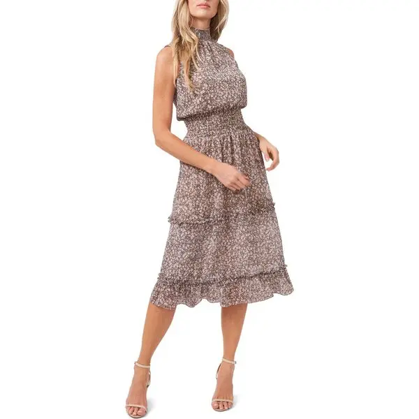 1.State Sleeveless Mock Neck Floral Tiered Dress - Beige