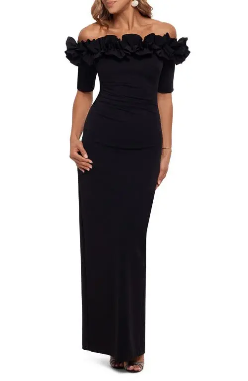 XSCAPE EVENINGS Ruffle Off-the-shoulder Crepe Column Gown