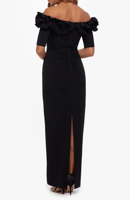XSCAPE EVENINGS Ruffle Off-the-shoulder Crepe Column Gown