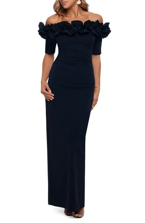 XSCAPE EVENINGS Ruffle Off-the-shoulder Crepe Column Gown - Navy