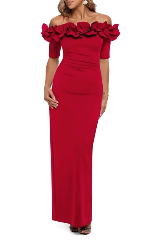 XSCAPE EVENINGS Ruffle Off-the-shoulder Crepe Column Gown - Red