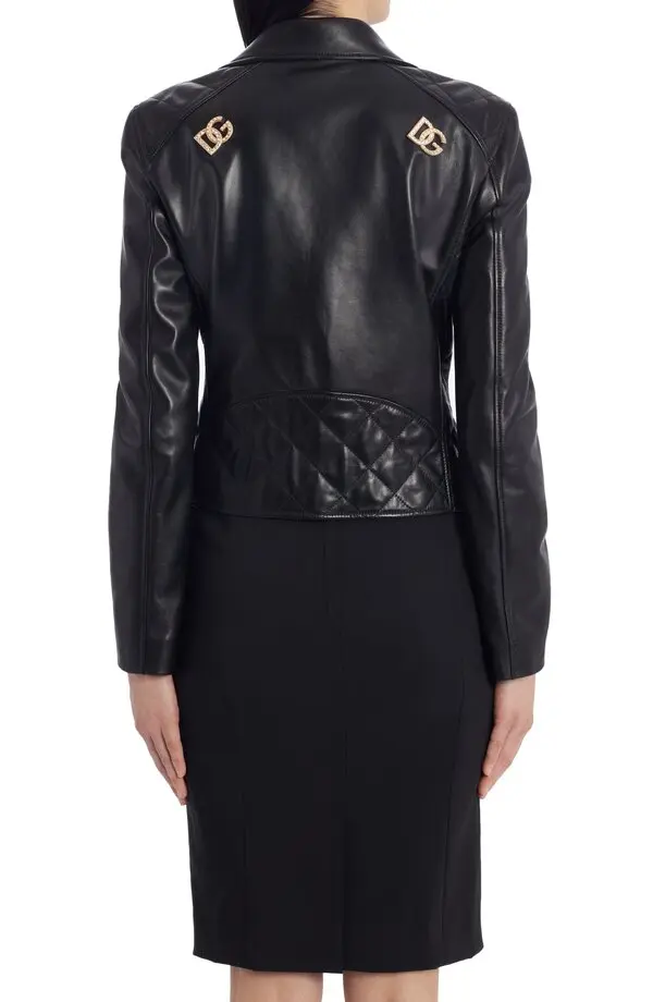 Dolce & Gabbana Crystal Logo Leather Biker Jacket