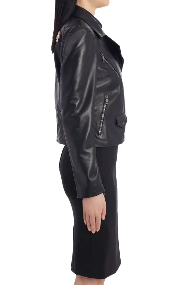 Dolce & Gabbana Crystal Logo Leather Biker Jacket
