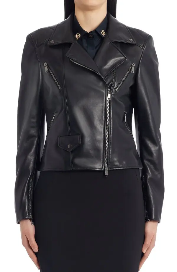 Dolce & Gabbana Crystal Logo Leather Biker Jacket