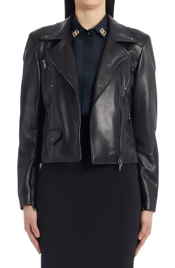 Dolce & Gabbana Crystal Logo Leather Biker Jacket