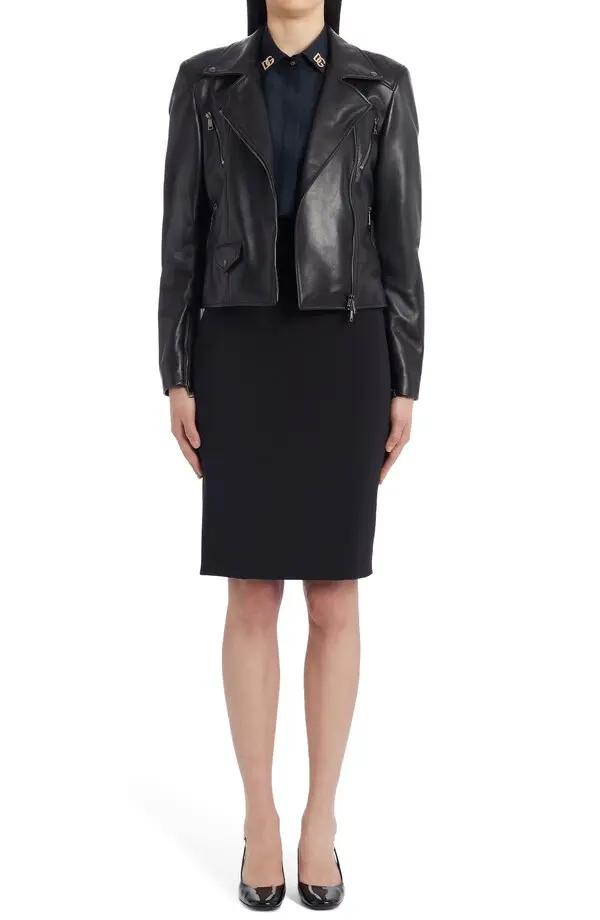 Dolce & Gabbana Crystal Logo Leather Biker Jacket